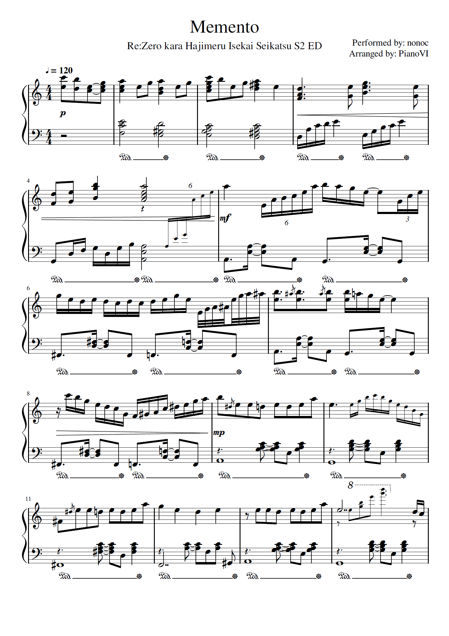 Memento – Re:Zero kara Hajimeru Isekai Seikatsu S2 ED sheet music ...