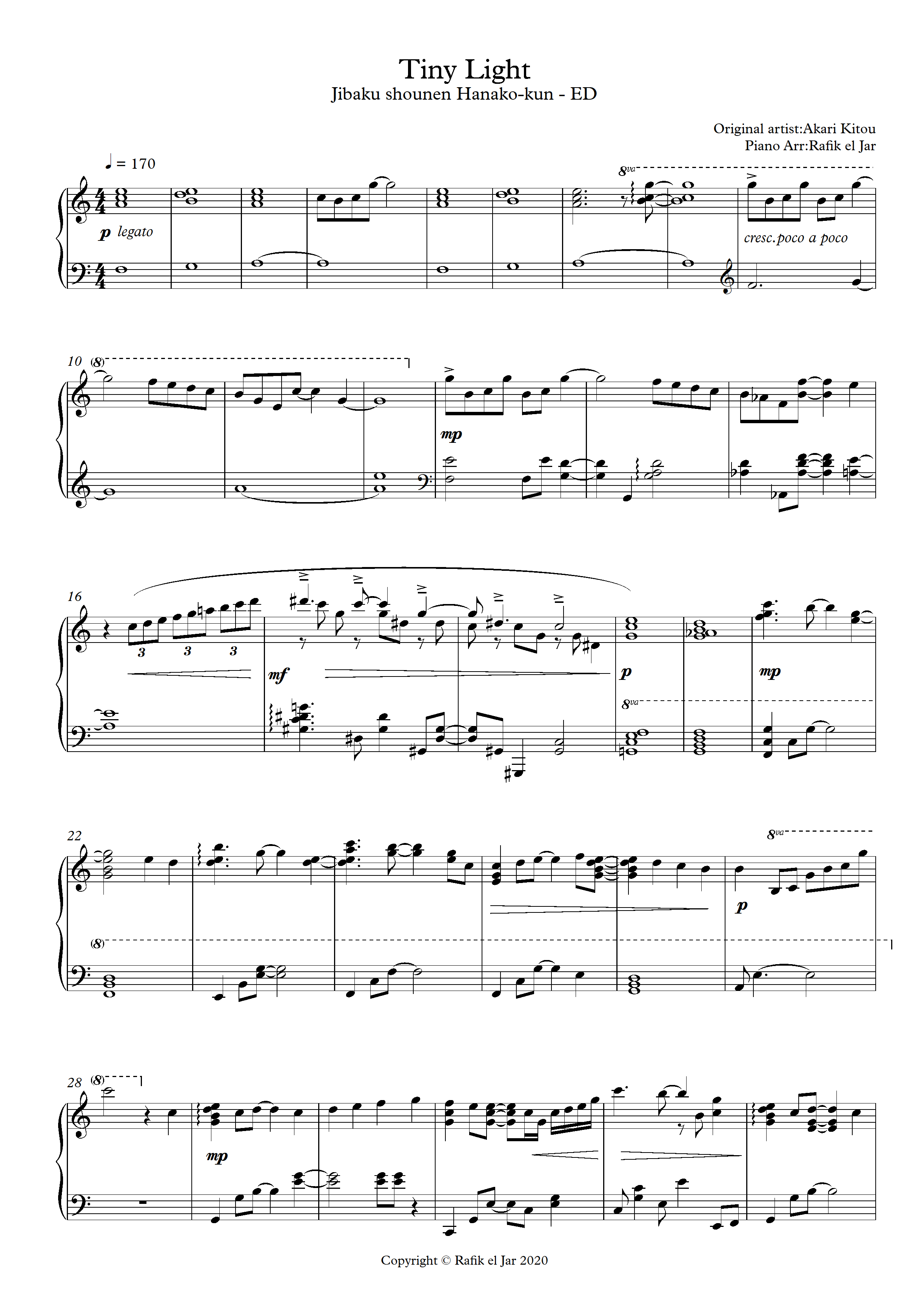 tiny light – jibaku shounen hanako kun ED sheet music | Sheethost