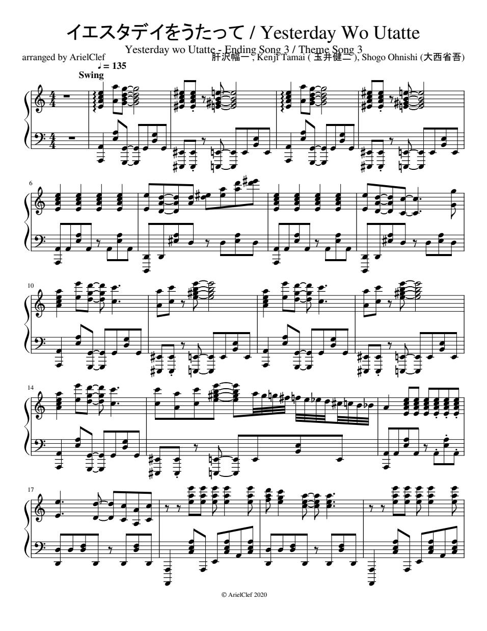 Yesterday Wo Utatte ED 3 – Yesterday Wo Utatte sheet music | Sheethost