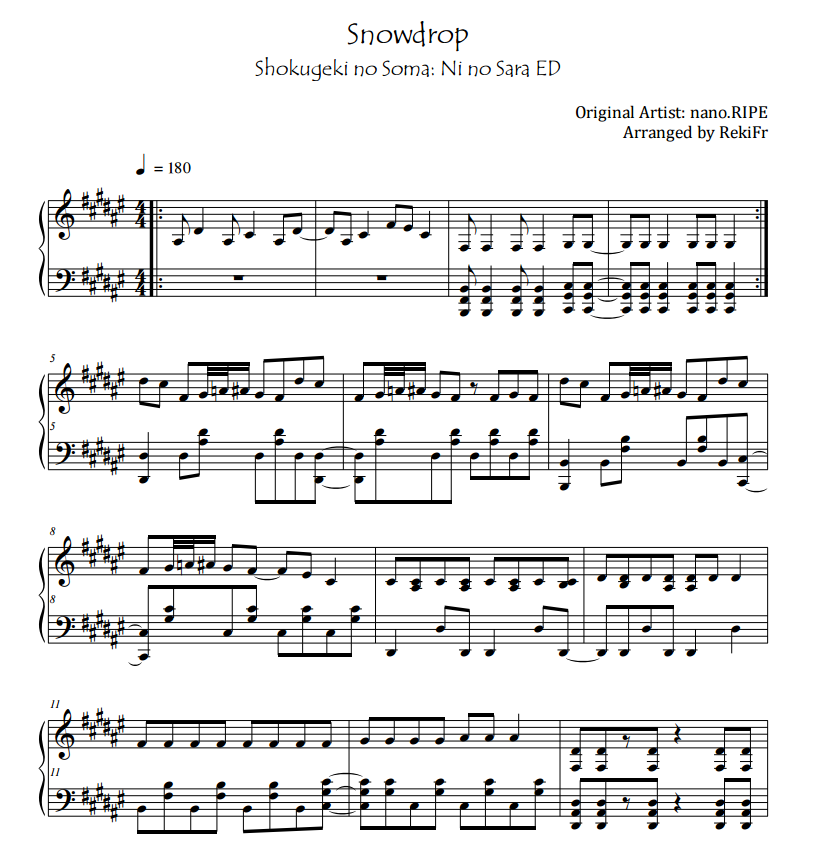 Snowdrop – Shokugeki no Soma: Ni no Sara sheet music | Sheethost