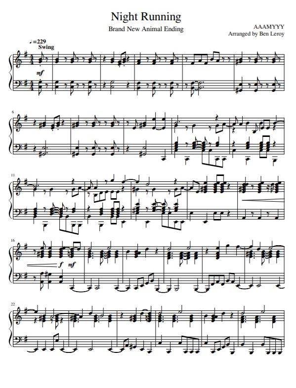 Night Running – BNA sheet music | Sheethost