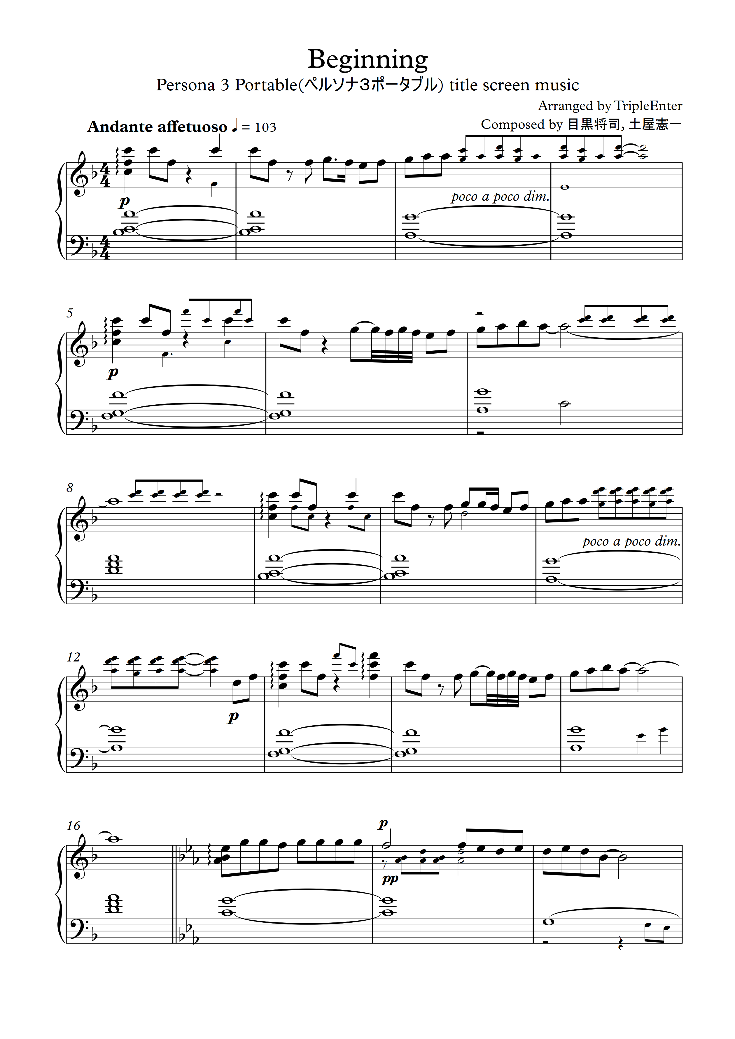 Beginning – Persona 3 Portable sheet music | Sheethost